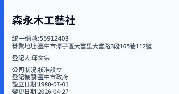 森永木工藝社的照片-統編 55912403(臺中市) 公司登記資料與營業項目詳細圖表