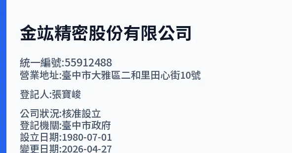 金竑精密股份有限公司的照片-統編 55912488(臺中市) 公司登記資料與營業項目詳細圖表