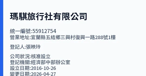 瑪騏旅行社有限公司的照片-統編 55912754(宜蘭縣) 公司登記資料與營業項目詳細圖表