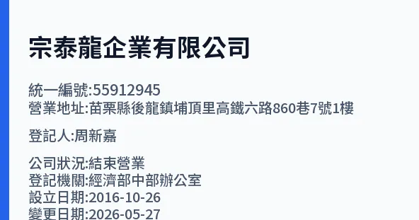 宗泰龍企業有限公司的照片-統編 55912945(苗栗縣) 公司登記資料與營業項目詳細圖表