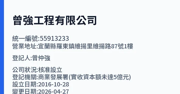 曾強工程有限公司的照片-統編 55913233(宜蘭縣) 公司登記資料與營業項目詳細圖表
