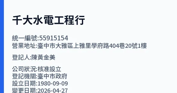 千大水電工程行的照片-統編 55915154(臺中市) 公司登記資料與營業項目詳細圖表