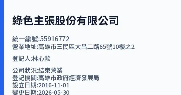 綠色主張股份有限公司的照片-統編 55916772(高雄市) 公司登記資料與營業項目詳細圖表