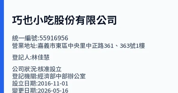 巧也小吃股份有限公司的照片-統編 55916956(嘉義市) 公司登記資料與營業項目詳細圖表