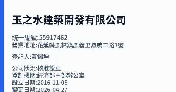 玉之水建築開發有限公司的照片-統編 55917462(花蓮縣) 公司登記資料與營業項目詳細圖表