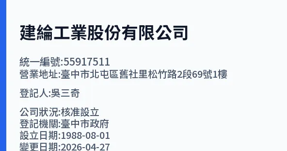 建綸工業股份有限公司的照片-統編 55917511(臺中市) 公司登記資料與營業項目詳細圖表