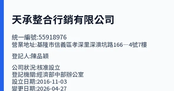 天承整合行銷有限公司的照片-統編 55918976(基隆市) 公司登記資料與營業項目詳細圖表