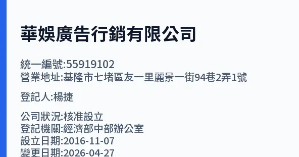 華娛廣告行銷有限公司的照片-統編 55919102(基隆市) 公司登記資料與營業項目詳細圖表