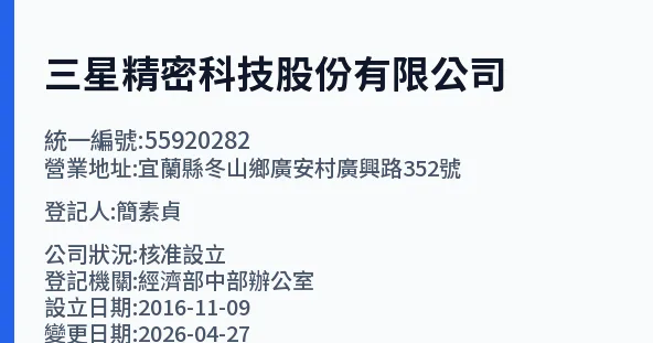 三星精密科技股份有限公司的照片-統編 55920282(宜蘭縣) 公司登記資料與營業項目詳細圖表