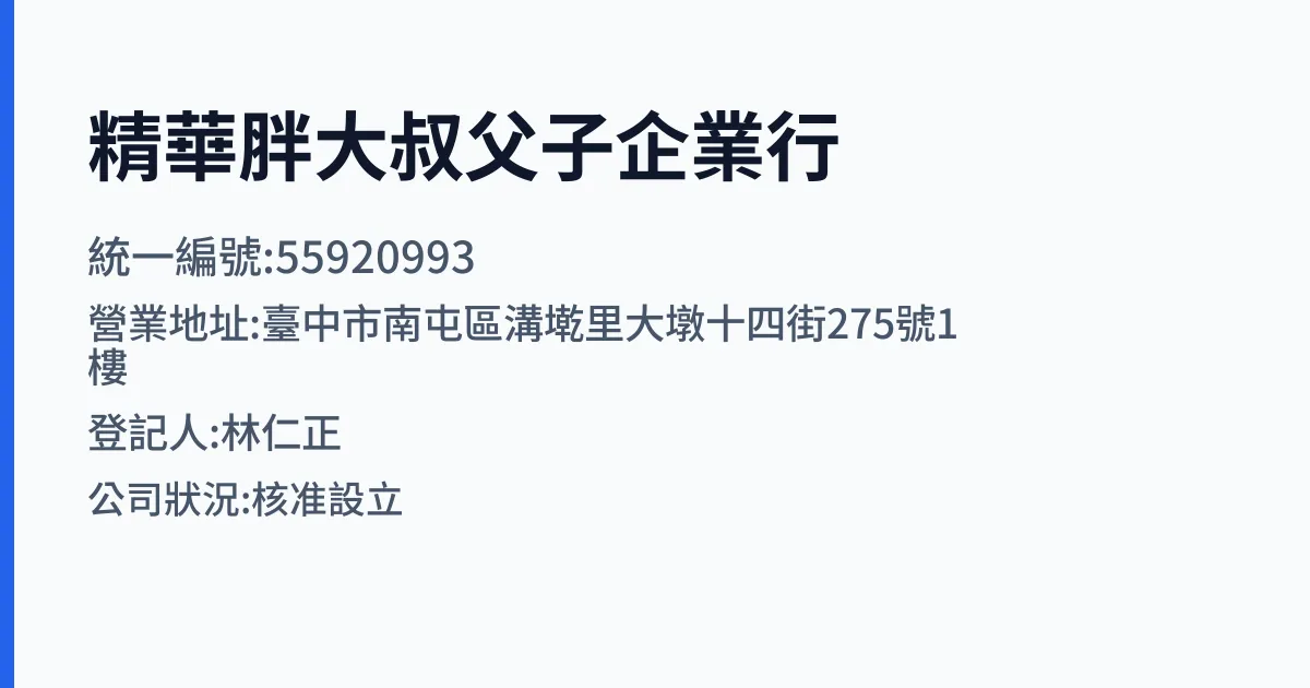 精華胖大叔父子企業行 - 統編 55920993(臺中市) 公司登記資料與營業項目詳細圖表
