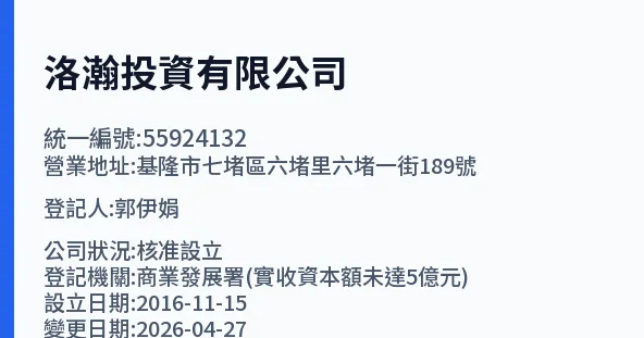 洛瀚投資有限公司的照片-統編 55924132(基隆市) 公司登記資料與營業項目詳細圖表