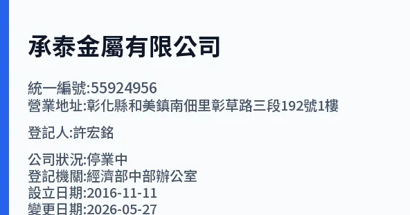 承泰金屬有限公司的照片-統編 55924956(彰化縣) 公司登記資料與營業項目詳細圖表