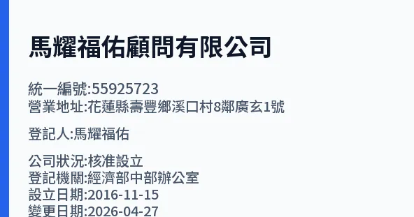 馬耀福佑顧問有限公司的照片-統編 55925723(花蓮縣) 公司登記資料與營業項目詳細圖表