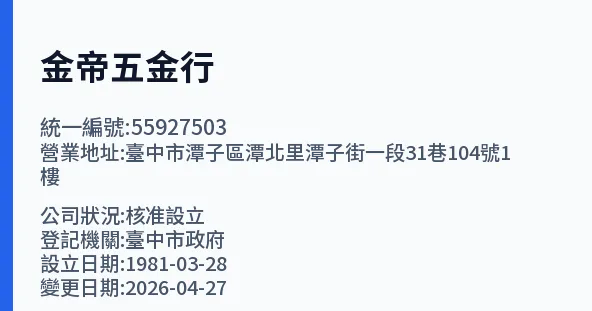 金帝五金行的照片-統編 55927503(臺中市) 公司登記資料與營業項目詳細圖表