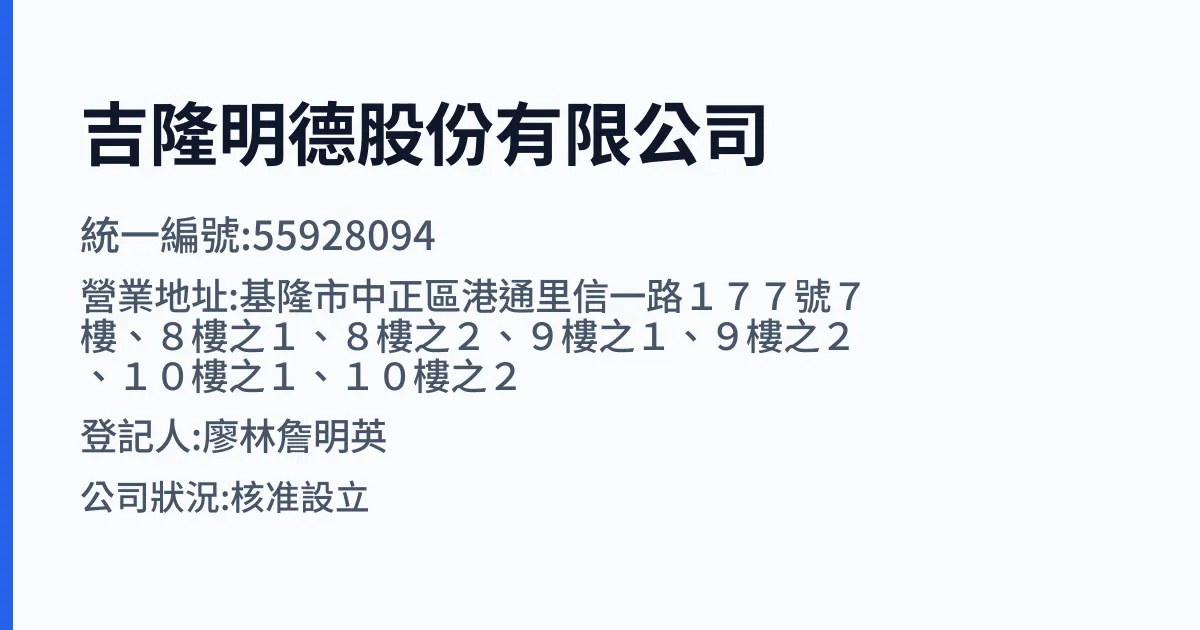 吉隆明德股份有限公司 - 統編 55928094(基隆市) 公司登記資料與營業項目詳細圖表