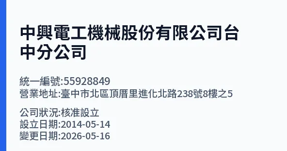 中興電工機械股份有限公司台中分公司的照片-統編 55928849(臺中市) 公司登記資料與營業項目詳細圖表