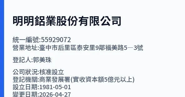 明明鋁業股份有限公司的照片-統編 55929072(臺中市) 公司登記資料與營業項目詳細圖表
