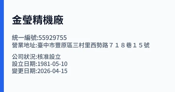 金瑩精機廠的照片-統編 55929755(臺中市) 公司登記資料與營業項目詳細圖表