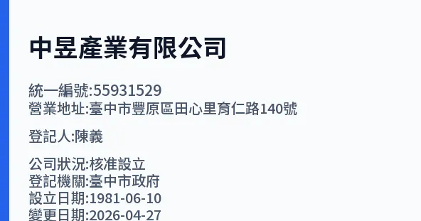 中昱產業有限公司的照片-統編 55931529(臺中市) 公司登記資料與營業項目詳細圖表