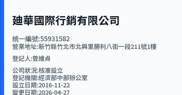 廸華國際行銷有限公司的照片-統編 55931582(新竹縣) 公司登記資料與營業項目詳細圖表