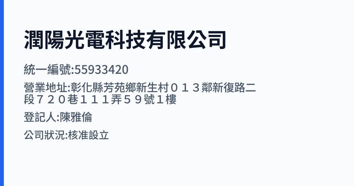 潤陽光電科技有限公司 - 統編 55933420（彰化縣） 公司登記資料與營業項目詳細圖表