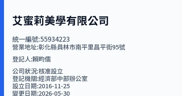 艾蜜莉美學有限公司的照片-統編 55934223(彰化縣) 公司登記資料與營業項目詳細圖表