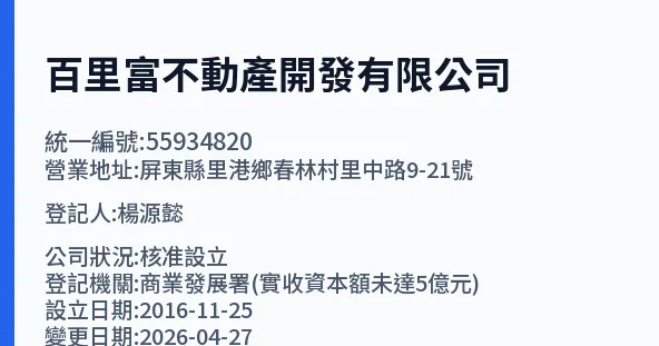 百里富不動產開發有限公司的照片-統編 55934820(屏東縣) 公司登記資料與營業項目詳細圖表