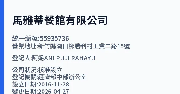 馬雅蒂餐館有限公司的照片-統編 55935736(新竹縣) 公司登記資料與營業項目詳細圖表