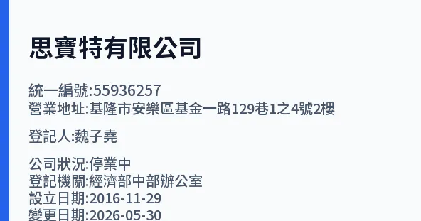 思寶特有限公司的照片-統編 55936257(基隆市) 公司登記資料與營業項目詳細圖表