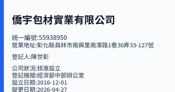 僑宇包材實業有限公司的照片-統編 55938950(彰化縣) 公司登記資料與營業項目詳細圖表
