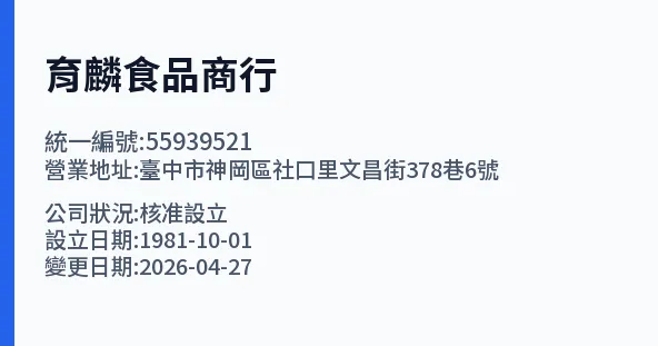 育麟食品商行的照片-統編 55939521(臺中市) 公司登記資料與營業項目詳細圖表