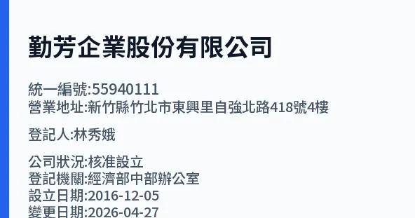 勤芳企業股份有限公司的照片-統編 55940111(新竹縣) 公司登記資料與營業項目詳細圖表