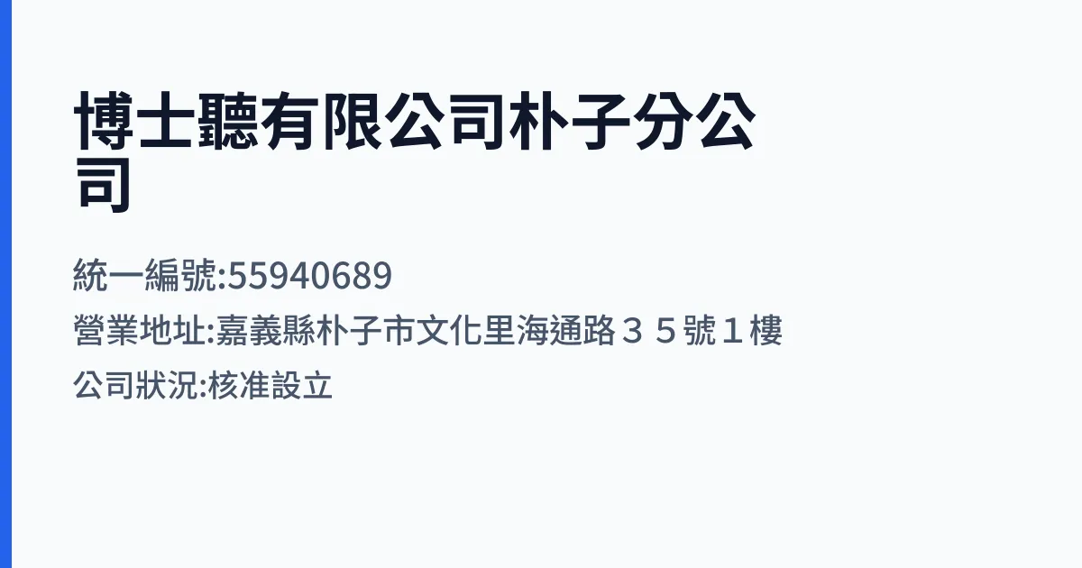 博士聽有限公司朴子分公司 - 統編 55940689(嘉義縣) 公司登記資料與營業項目詳細圖表