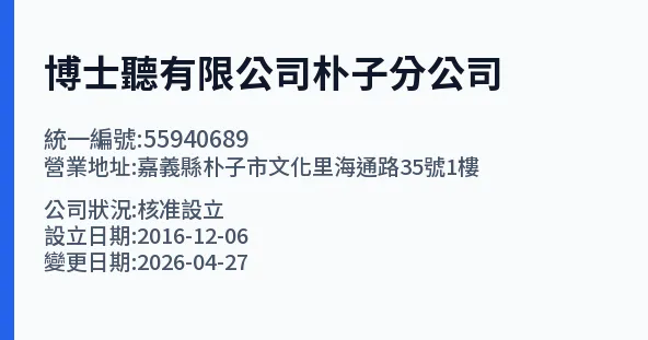 博士聽有限公司朴子分公司的照片-統編 55940689(嘉義縣) 公司登記資料與營業項目詳細圖表