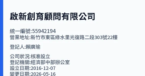 啟新創育顧問有限公司的照片-統編 55942194(新竹市) 公司登記資料與營業項目詳細圖表