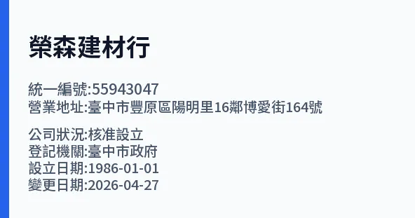 榮森建材行的照片-統編 55943047(臺中市) 公司登記資料與營業項目詳細圖表