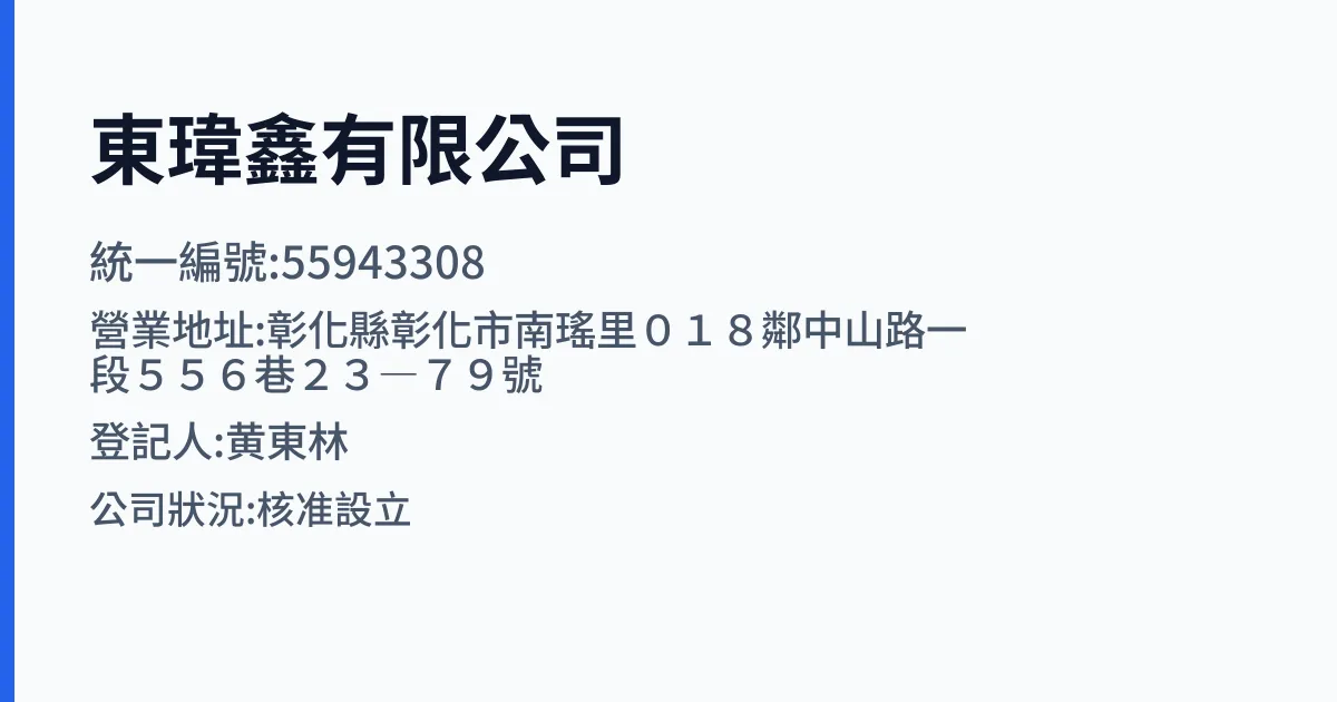 東瑋鑫有限公司 - 統編 55943308(彰化縣) 公司登記資料與營業項目詳細圖表