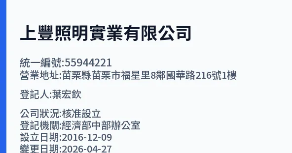 上豐照明實業有限公司的照片-統編 55944221(苗栗縣) 公司登記資料與營業項目詳細圖表