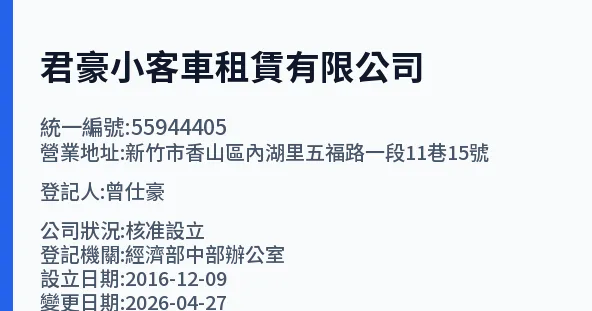 君豪小客車租賃有限公司的照片-統編 55944405(新竹市) 公司登記資料與營業項目詳細圖表
