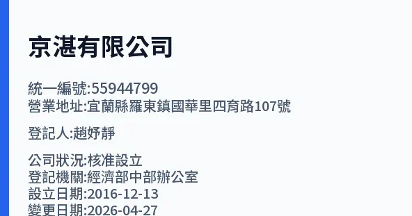 京湛有限公司的照片-統編 55944799(宜蘭縣) 公司登記資料與營業項目詳細圖表