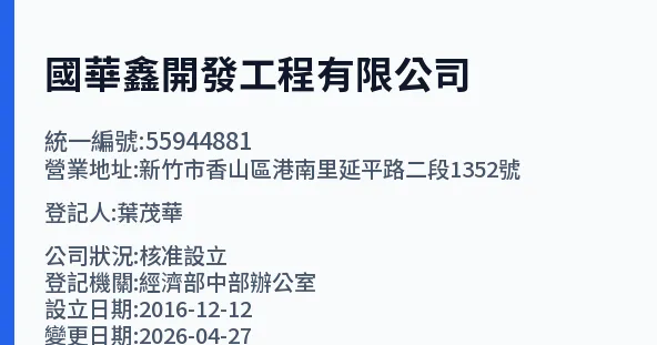 國華鑫開發工程有限公司的照片-統編 55944881(新竹市) 公司登記資料與營業項目詳細圖表