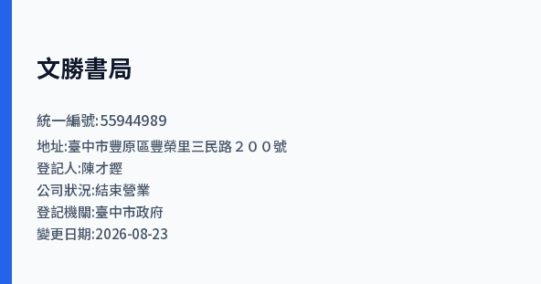 文勝書局的照片-統編 55944989(臺中市) 公司登記資料與營業項目詳細圖表