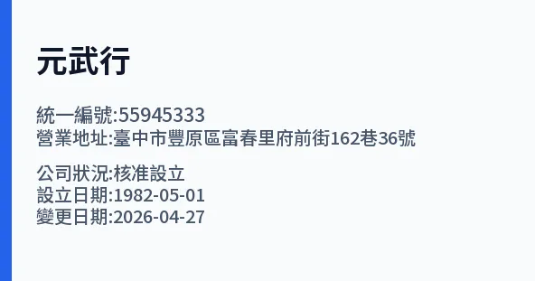 元武行的照片-統編 55945333(臺中市) 公司登記資料與營業項目詳細圖表