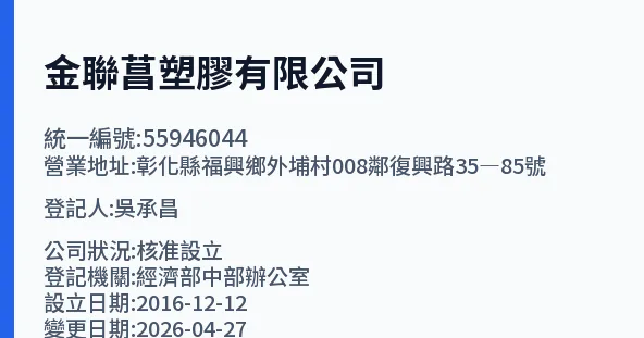金聯菖塑膠有限公司的照片-統編 55946044(彰化縣) 公司登記資料與營業項目詳細圖表