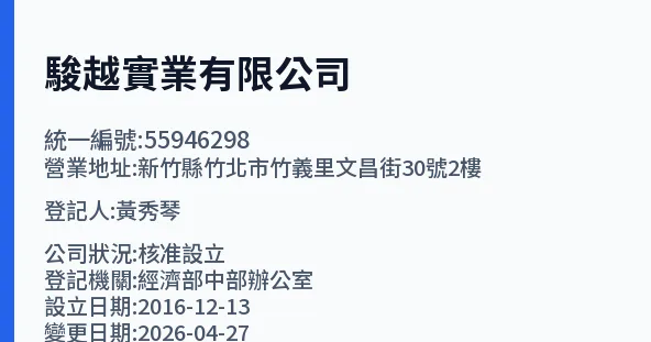 駿越實業有限公司的照片-統編 55946298(新竹縣) 公司登記資料與營業項目詳細圖表