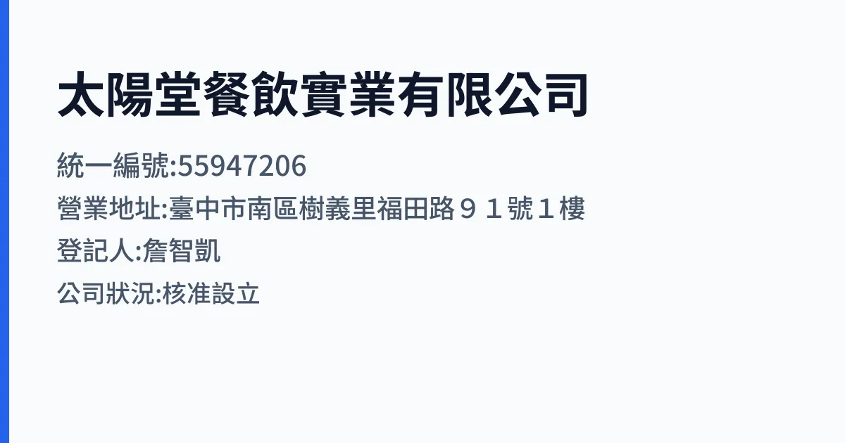 太陽堂餐飲實業有限公司 - 統編 55947206(臺中市) 公司登記資料與營業項目詳細圖表
