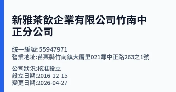 新雅茶飲企業有限公司竹南中正分公司的照片-統編 55947971(苗栗縣) 公司登記資料與營業項目詳細圖表