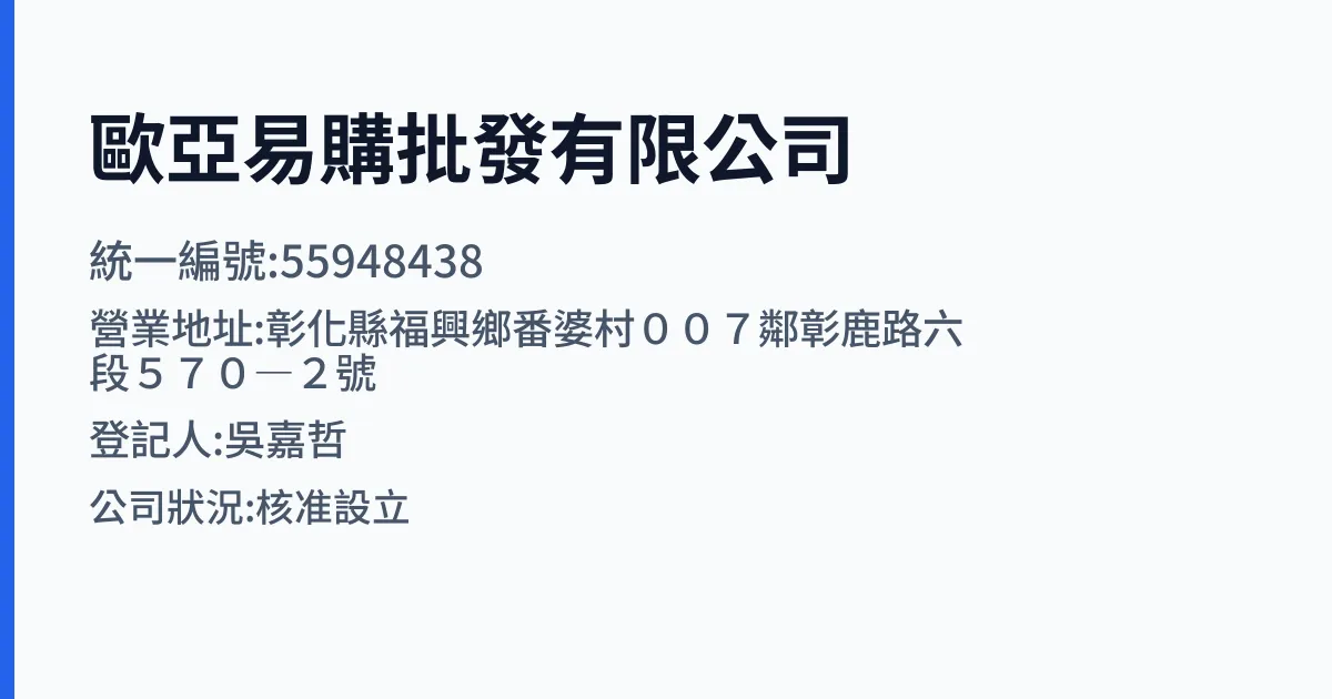 歐亞易購批發有限公司 - 統編 55948438(彰化縣) 公司登記資料與營業項目詳細圖表
