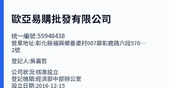 歐亞易購批發有限公司的照片-統編 55948438(彰化縣) 公司登記資料與營業項目詳細圖表