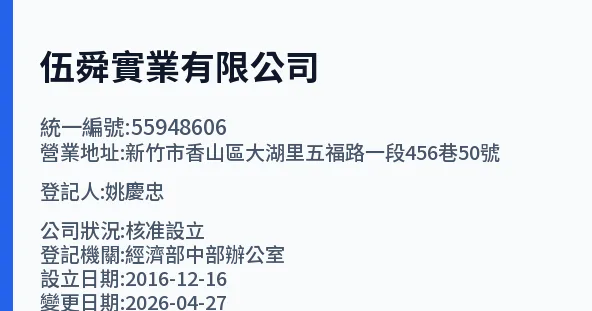 伍舜實業有限公司的照片-統編 55948606(新竹市) 公司登記資料與營業項目詳細圖表